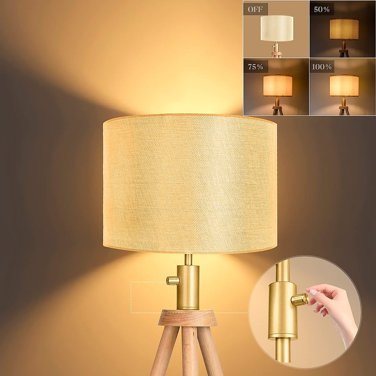 Dimmable Tripod Floor Lamp, Mid Century Standing Lamp with 0%-100% Brightness LED Bulb Beige Linen Drum Shade, E26 Socket, Bedside Lamp, Wooden Floor Lamp for Living Room, Bedroom, Office