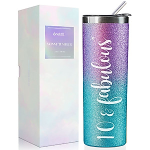Onebttl Birthday Gifts for 10 Year Old Girls, 10 & Fabulous, 20OZ Stainless Steel Insulated Skinny Tumbler, Best Gift for 10th Birthday for Daughters, Granddaughters, Nieces, Glitter Blue & Purple