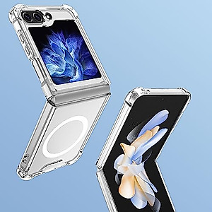 Magnetic Case for Samsung Galaxy Z Flip 5 Phone Compatible with PopSockets MagSafe, Heavy Shockproof Bumper (Clear)