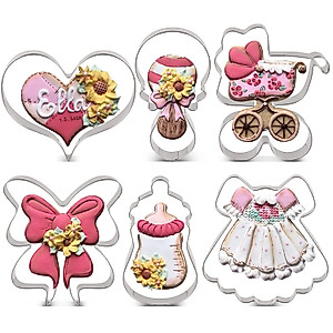 LILIAO Baby Shower Cookie Cutter Set - 6 Piece - Feeding Bottle, Rattle, Heart, Carriage, Princess Dress and Bow/Ribbon Biscuit Fondant Cutters - Stainless Steel