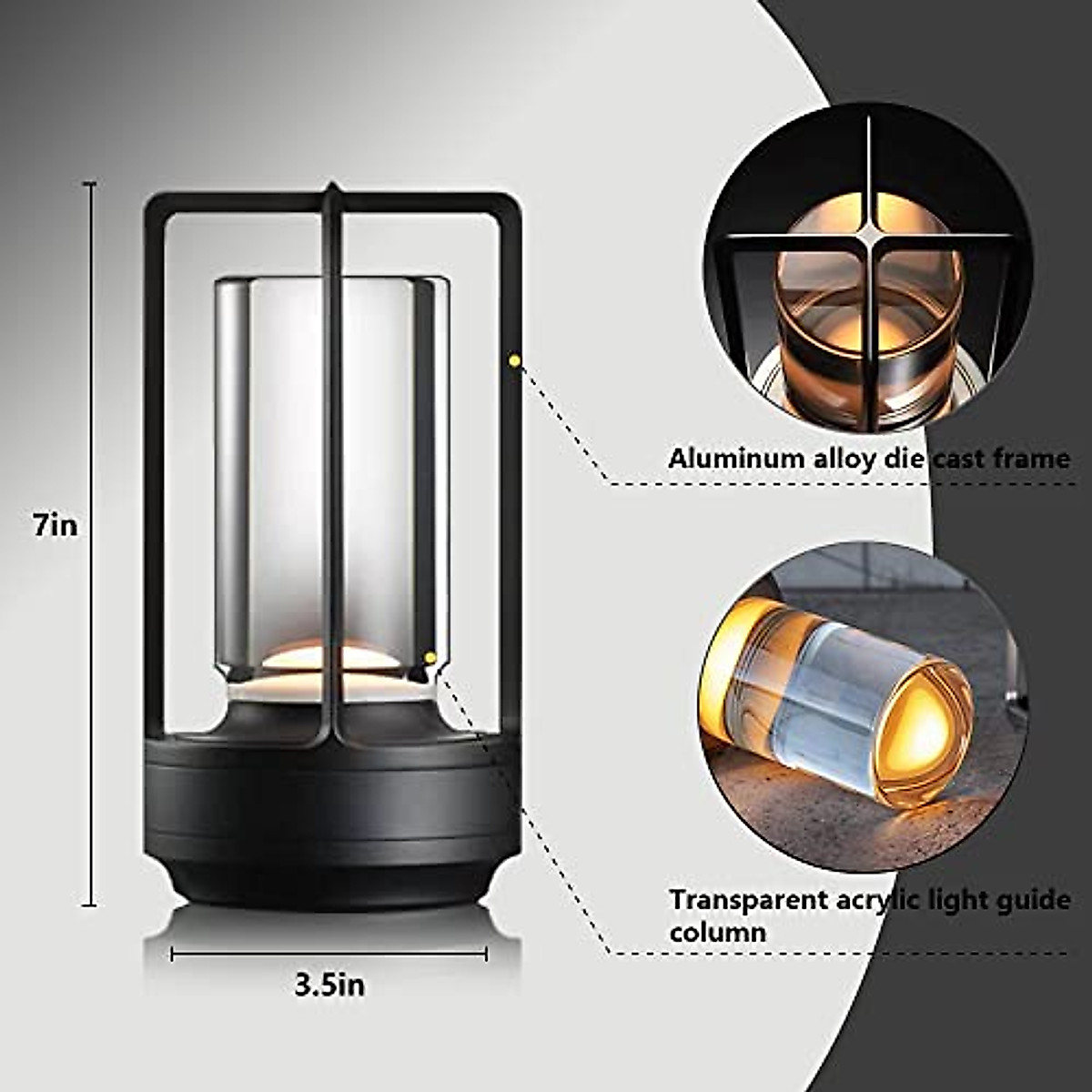 Leroxo Portable Metal Desk Lamp,Cordless LED Table Lamp,Touch Control Rechargeable Lamp,3-Levels Brightness Room Decor Desk Lamp,Bedside Lamp,Night Light (Light Black)