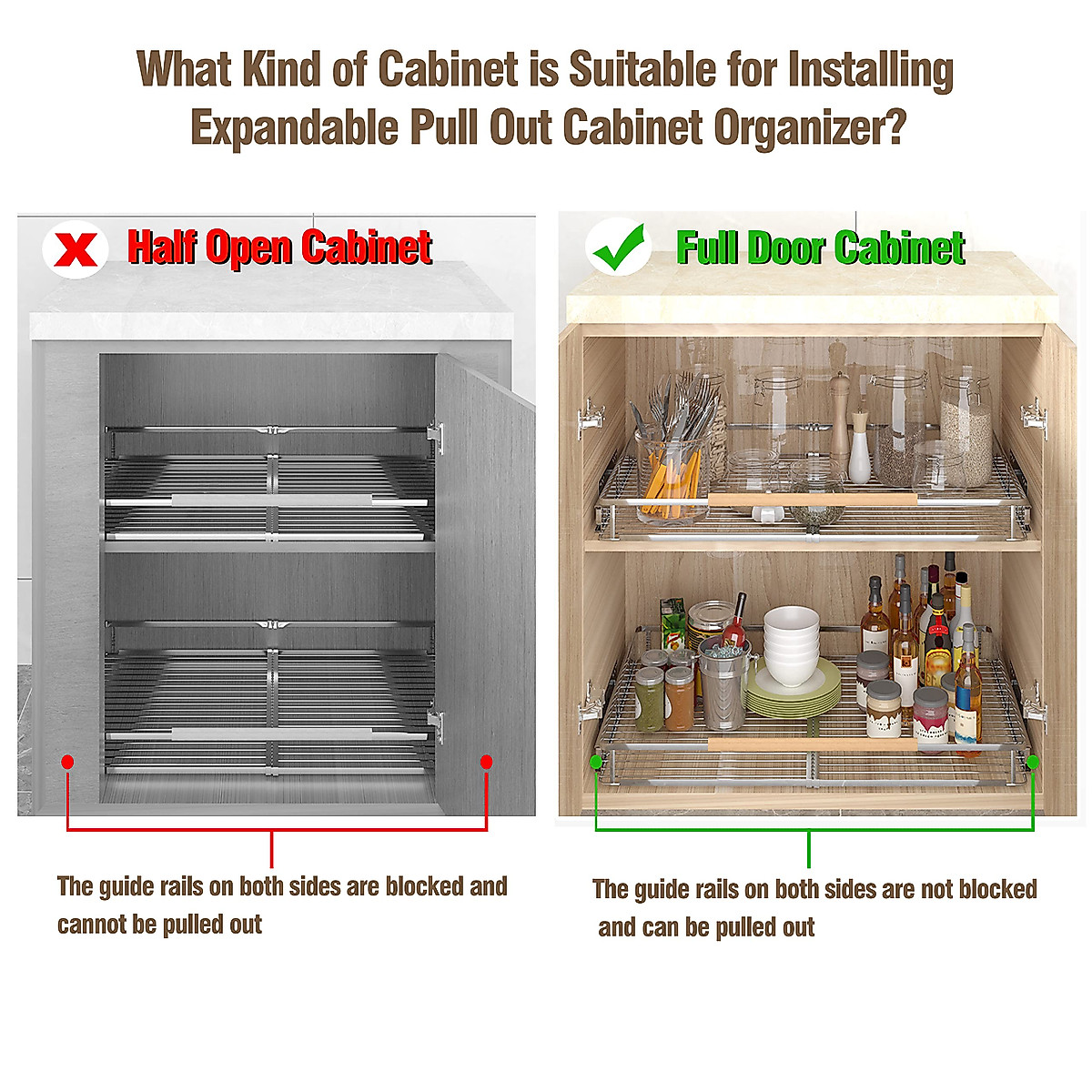 Pull Out Cabinet Organizer, 17.1~28"W x 22.5"D Expandable Pull Out Shelves for Kitchen Cabinets, Heavy Duty Metal Slide Out Pantry Shelves Sliding Shelf for Home Kitchen,Under Sink,Bathroom,Wardrobe