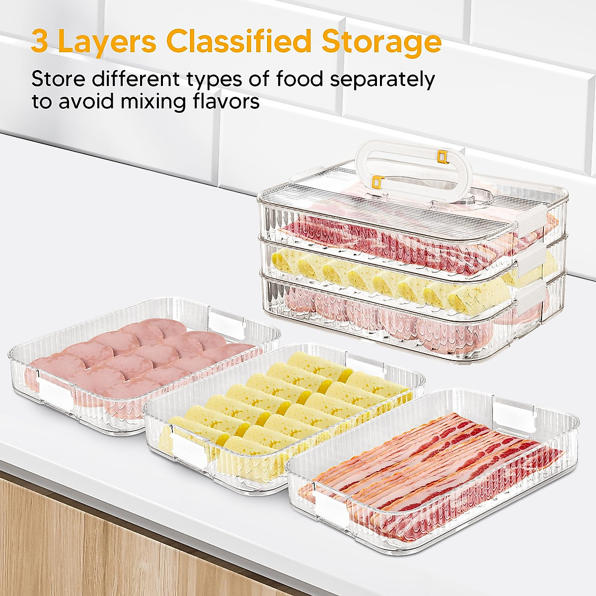 Piklodo Deli Meat Container for Fridge, 2Pcs Meat and Cheese Container for Fridge, 3 Layer Stackable Bacon Keeper for Refrigerator Organizers and Storage Deli Containers with Lids Cold Cut Container