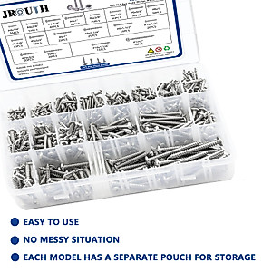 JROUTH 550Pcs Stainless Steel Wood Screws Assortment Kit, Philips Pan Head Sheet Metal Screws Self Tapping Screws, #4,#6,#8,#10,#12, Length 1/4" to 2" - Silver