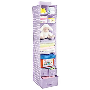 mDesign Soft Fabric Over Closet Rod Hanging Storage Organizer with 7 Shelves and 3 Removable Drawers for Child/Kids Room or Nursery - Polka Dot Pattern - 2 Pack - Light Purple/White Polka Dots