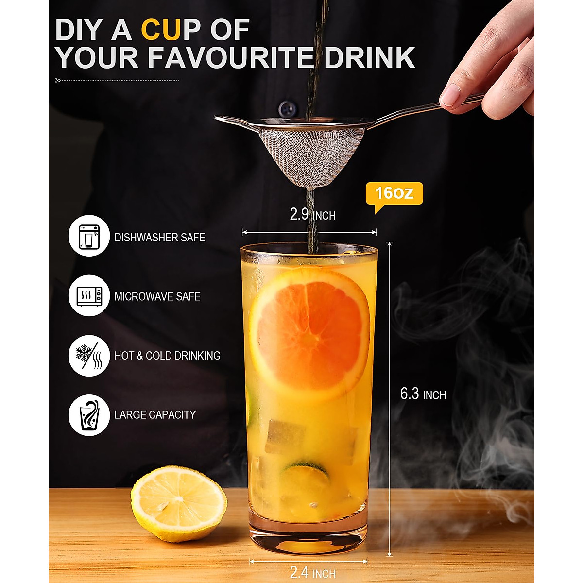 LUNA & MANTHA Drinking Glasses Highball Glasses Set of 6, Water Glasses 16oz, Wide Mouth Design Lead-Free Crystal Glassware, Cocktail Glasses Drinking Set, Tall Glass Cups for Mojito and Tom Collins