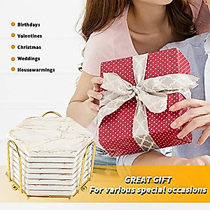 Marble Coasters for Drinks Absorbent with Cork Base, 8 Pcs Drink Coasters for Wooden Table with Metal Holder, Gold Ceramic Cup Coaster Set Rustic Home Decor for Living Room Bar, Housewarming Gifts