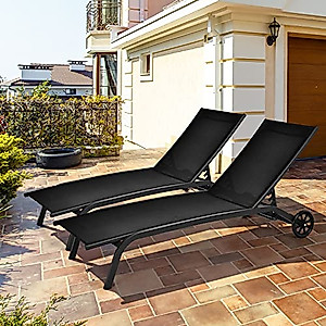 Tangkula Outdoor Chaise Lounge Chair, Patio Lounge Recliner with 6-Position Adjustable Backrest, Breathable Fabric and Smooth Wheels, Outdoor Lounge Chair (2, Black)