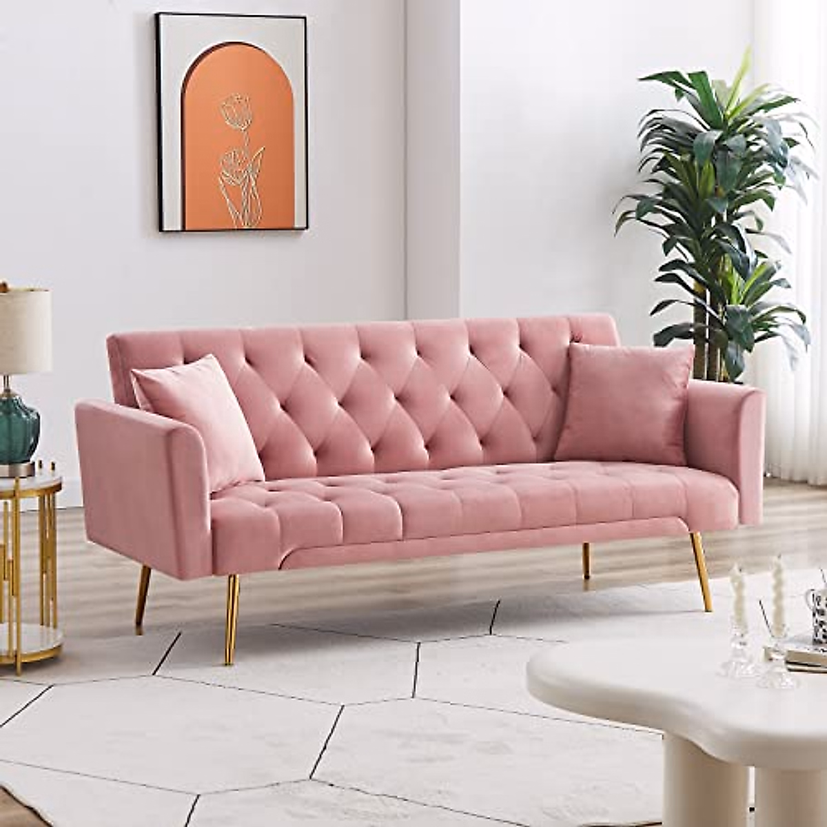 ERYE 3-in-1 Upholstered Futon Loveseat Convertible Sleeper Bed,2-Seaters Sofa & Couch Soft Cushions Love Seat Daybed for Small Space Living Room Napping Sofabed, Pink Velvet Metal Legs