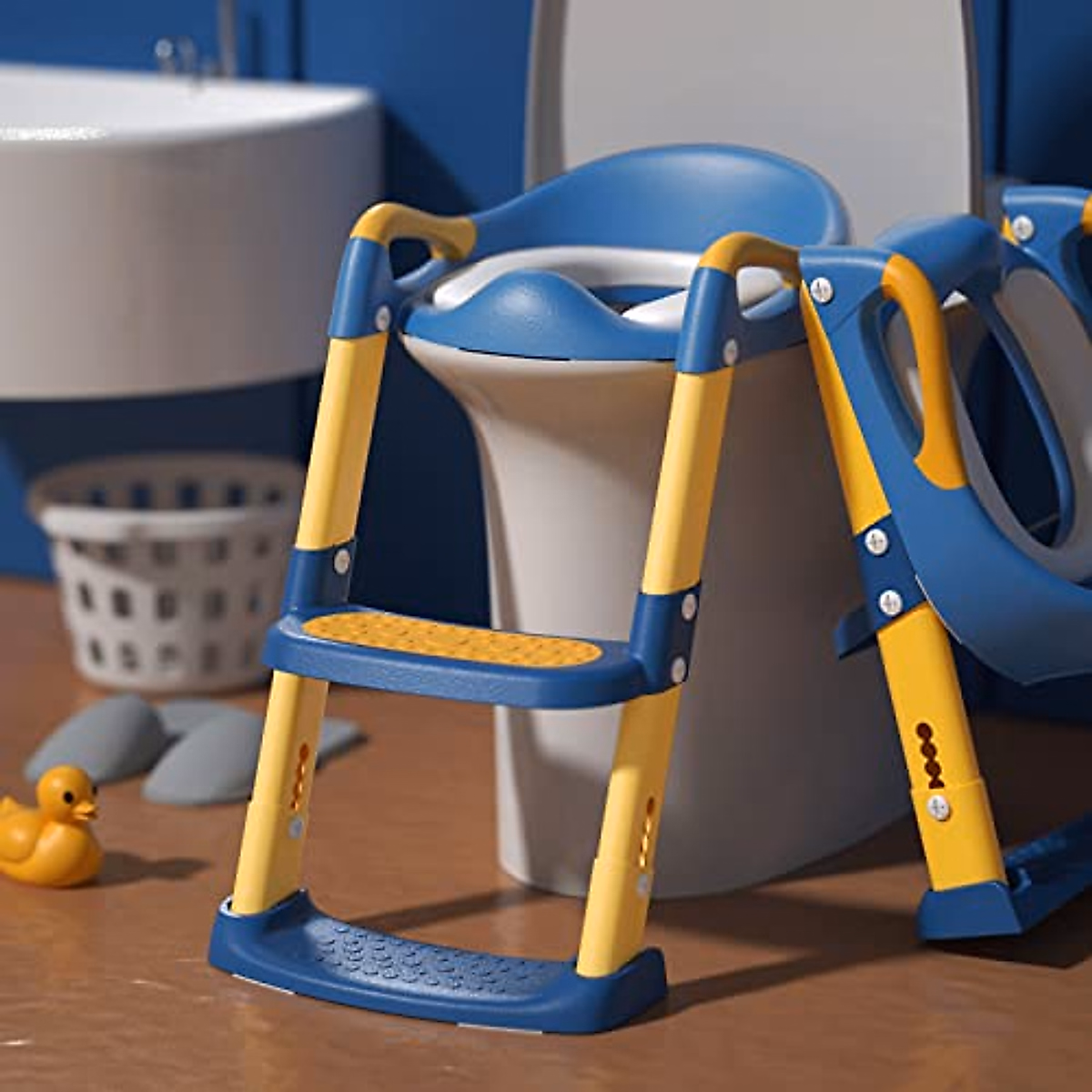 YMINA Potty Training Seat for Kids Toddlers Potty Training Toilet with Handles & Step Foldable Adjustable Comfortable and Anti-Slip Pad for Girls and Boys (Blue)