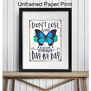 Inspirational Butterfly Picture - Christian Bible Verse Wall Art - Religious Scripture Wall Decor - Blue Rustic Boho Gift for Women - Motivational Home or Apartment Decoration for Bedroom, Living Room