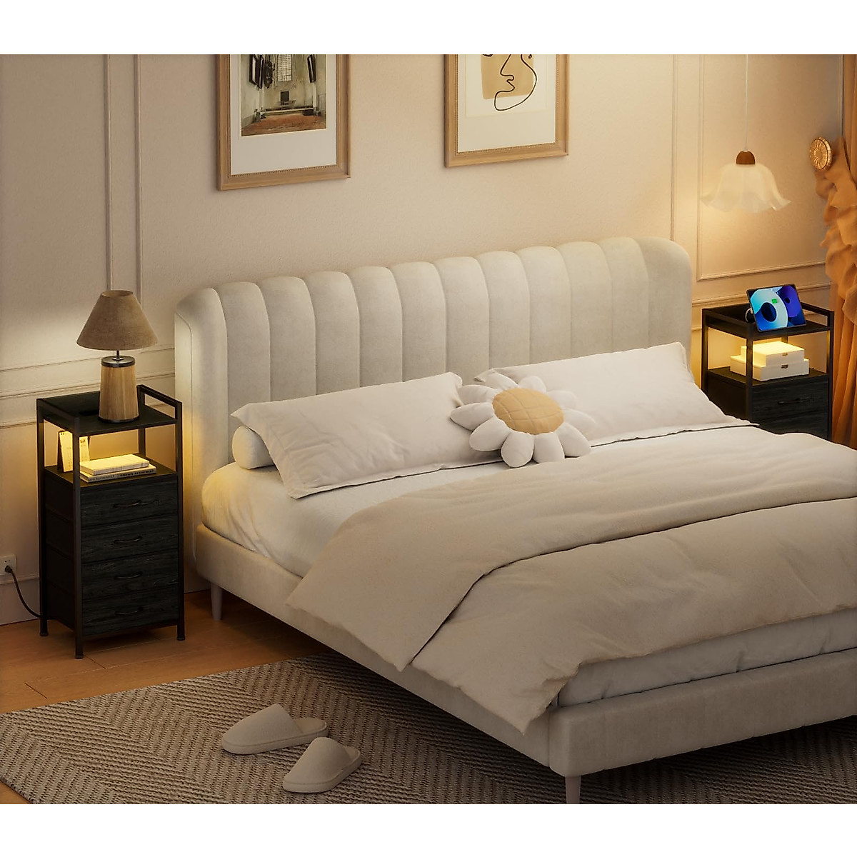 Furnulem Night Stand with Charging Station, Black Nightstand with Drawers and Led Light, Tall Dresser for Bedroom, Bedside Table with Fabric Storage Bins, Metal Frame, Wood Furniture