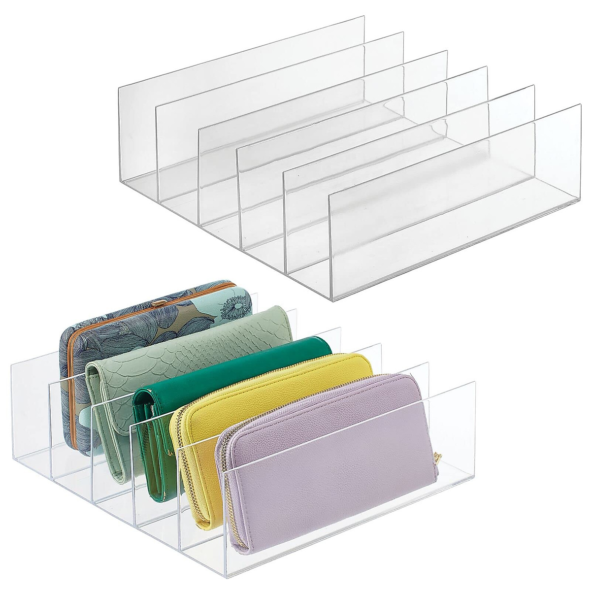 mDesign Plastic Purse Organizer for Bedroom Closet, Shelf Storage - Holds Woman's Purse, Hanging Bag, Zipper Handbag, Tote, Perfect for Space Saving - 5 Sections - Lumiere Collection - 2 Pack - Clear