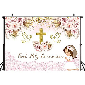 Wollmix 1st First Communion Baptism Decorations Backdrop 7x5ft God Bless Holy Communion Banner Christening Gold Dots Pink Boho Floral Doves Photography Background Baby Shower Banner Photo Booth Props