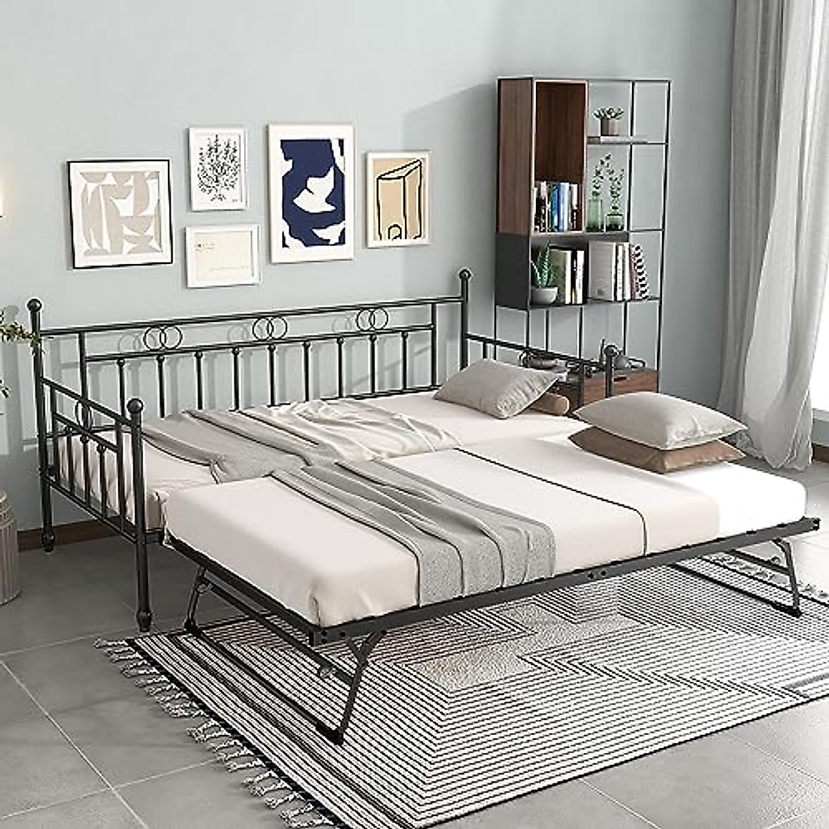 FULLJOJOR Twin Day Bed with Trundle Bed Twin, Metal Daybed with Trundle, Daybed with Pop Up Trundle Bed Frame, Steel Slat Support Sofa Bed for Kids Teens Adults, No Box Spring Needed