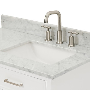 ARIEL Kensington Bathroom Vanity 37" Inch in White with Carrara White Marble Countertop, Right Offset Rectangular Sink, 2 Soft Closing Doors and 4 Full Extension Dovetail Drawers