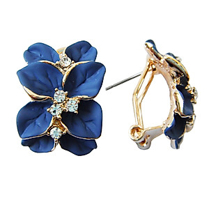 Navachi 18k Gold Plated Crystal Blue Enamel Leaves Flower Omega Earrings