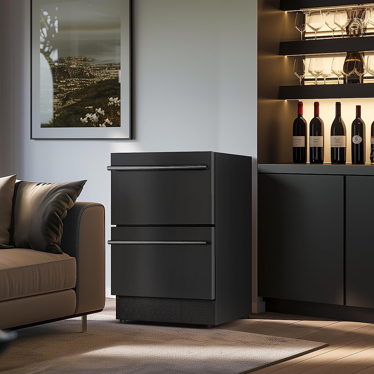 Tylza Under Counter Drawer Fridge 24 Inch, Built-in/Freestanding Beverage Refrigerator for Home and Commercial Use, Stainless Steel Material, Fast Cooling, Low Noise, Black