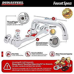 Kitchen Sink Faucet Wall Mount - DuraSteel 8" Center Commercial Kitchen Sink Faucet with 6" Swivel Spout - Dual Lever Handles - Brass Constructed & Chrome Polished