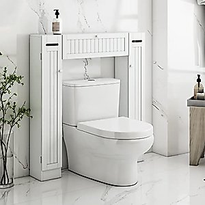 Over-The-Toilet Storage Cabinet with 2 Side Doors, Freestanding Toilet Cabinet Organizer with Adjustable Shelves & Paper Holder, Bathroom Space Saver with Pull-Down Door, Toilet Rack, White