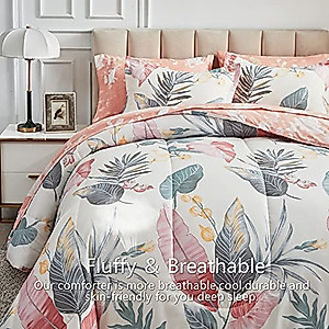 AIKASY Pink Queen Comforter Set with Sheets,Bed in a Bag 7-Pieces,Palm Tree Totem Printing Design,Ultra Soft Down Alternative All Season Bedding Set(Queen, Pink)