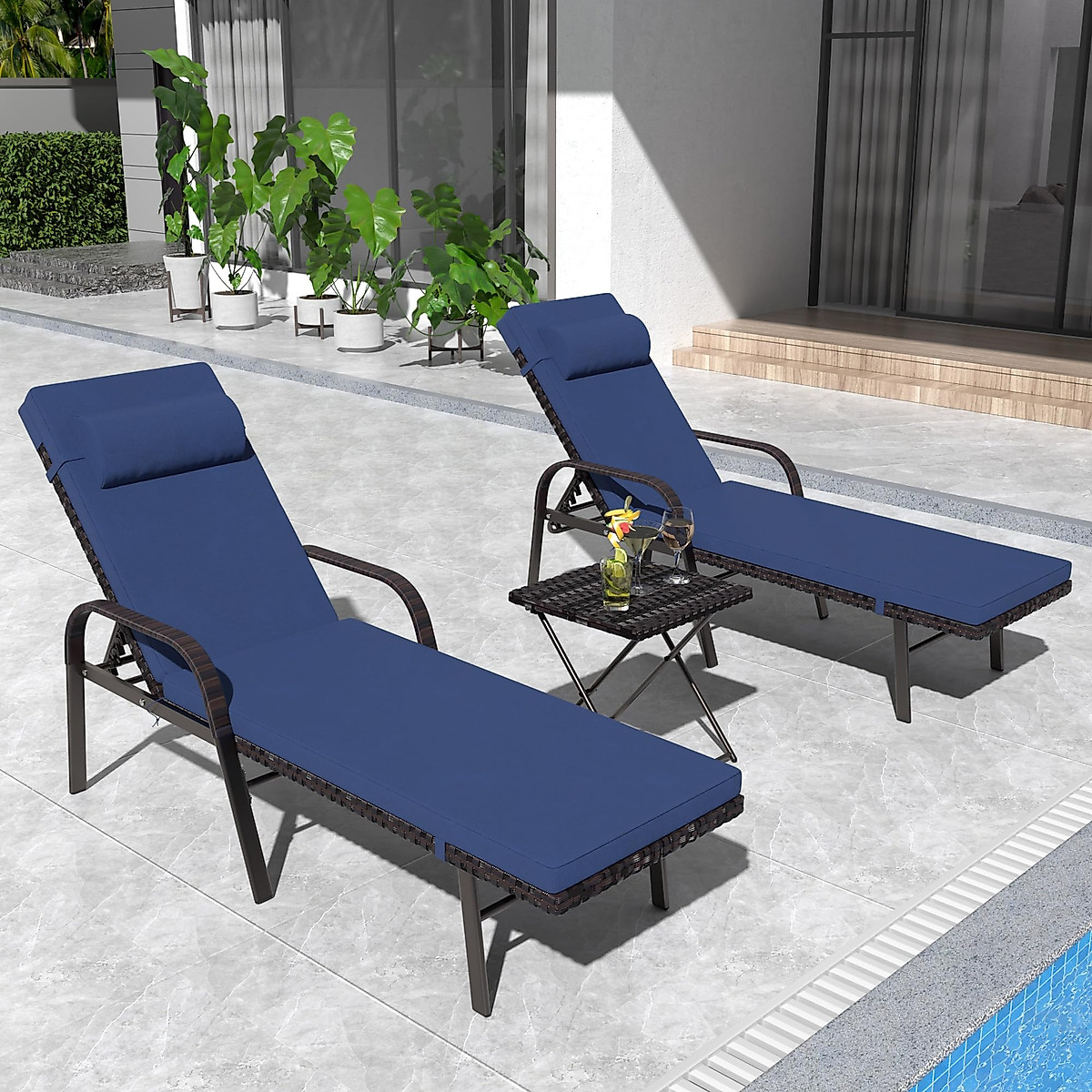 Gotland Patio Chaise Lounge Sets Outdoor Armchair Recliner Rattan Adjustable Back 3 Pieces Cushioned Patio Folding Chaise Lounge with Folding Table