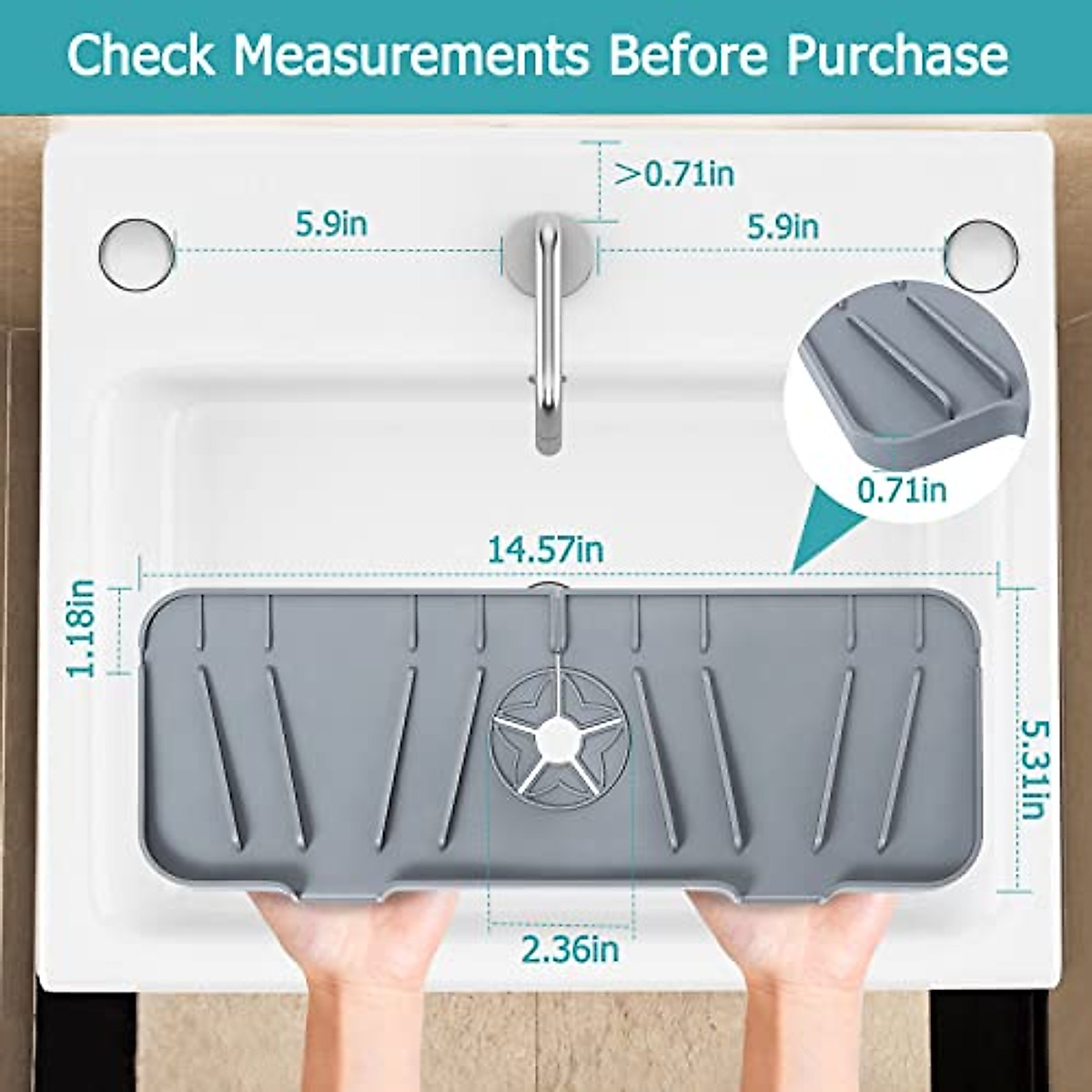 ABQ Kitchen Sink Splash Guard, 2 Pack Silicone Faucet Handle Drip Catcher Tray, 14.57" x 5.31" Drying Mat for Kitchen Countertop & Bathroom Sink Protectors (Grey)