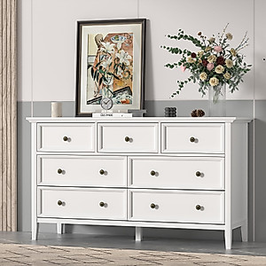 IKENO White 7 Drawer Dresser for Bedroom, Modern Solid Wood Large Storage Cabinet, Simple White Chest of Drawer for Bedroom Living Room Hallway Entryway (White)