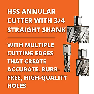 Slugger by Fein HSS Annular Cutter with Enhanced Cutting Geometry for Precision Drilling - High-Durability Steel, 3-7/8" Cutting Depth, 1-1/4" Bore Diameter, 3/4" Straight Shank - 63134317004