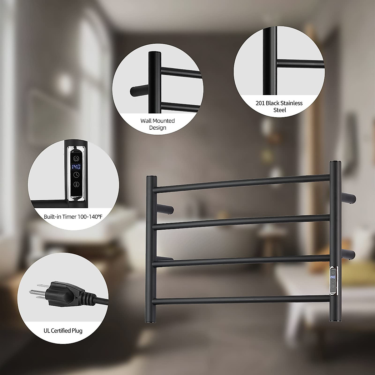 SHARNDY Towel Warmer with Built-in Timer ETW29 for Bathroom Wall Mounted Bath Towel Heater Plug-in Electric Heated Towel Rack Black