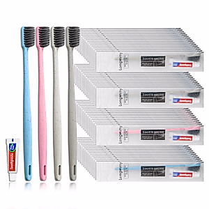 Lomgwumy Disposable Toothbrush, Toothbrush Bulk, Bulk Toothbrush and Toothpaste Sets, 4 Colors, Individually Packaged, Delicate and Practical, Suitable for Hotel, Home, Travel, Camping (PACK-52)
