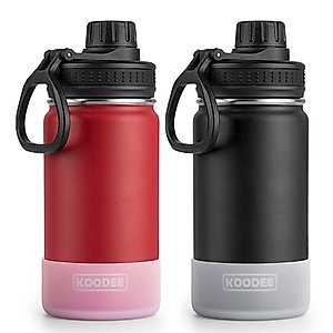 koodee Water Bottle 2 Pack 12 oz Stainless Steel Vacuum Insulated Wide Mouth Sports Water Bottle with Leakproof Spout Lid (Canyon Red-Black)