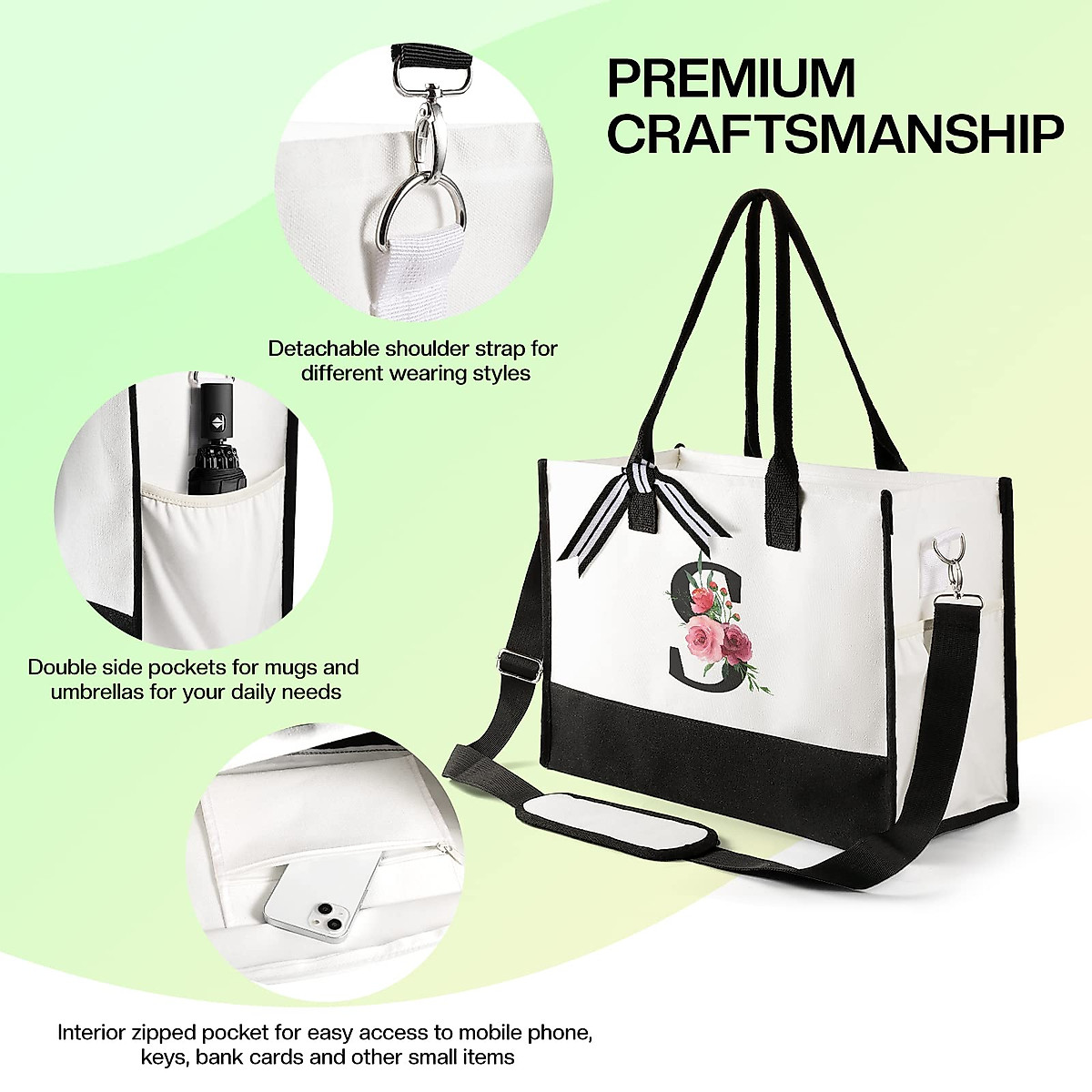 Ini-tial Can-vas Tote Bags w Makeup Bag, Personalized Customized Friends Birthday Gifts, Floral Tote Bag for Women w Inner Pocket, Side Pocket, Shoulder Strap, Gift Box, Card, Bride Sister Mom Gifts K