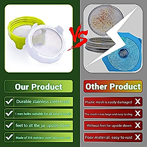 Sprouting lids, Plastic Sprout Lid with Stainless Steel Screen for Wide Mouth Mason Jars, Germination Kit Sprouter Sprout Maker with Stand Water Tray Grow Bean Sprouts, Broccoli Seeds, Alfalfa, Salad