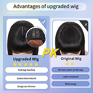 Kalyss Bob Short Synthetic Hair Wig for Black Women Heat Resistant With Hair Bangs (Black With Medium Auburn Brown Strips)