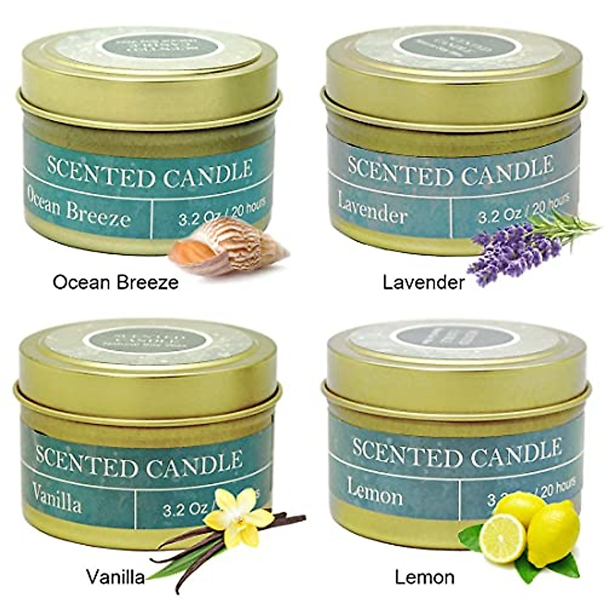 DEYBBY Natural Soy Wax Scented Candles 4 Pack 4oz Gift Set-Lavender, Vanilla, Lemon, Ocean Breeze Aromatherapy | 20 Hours Long Lasting Burning Travel Tin Candles for Stress Relief Relaxation BathYoga