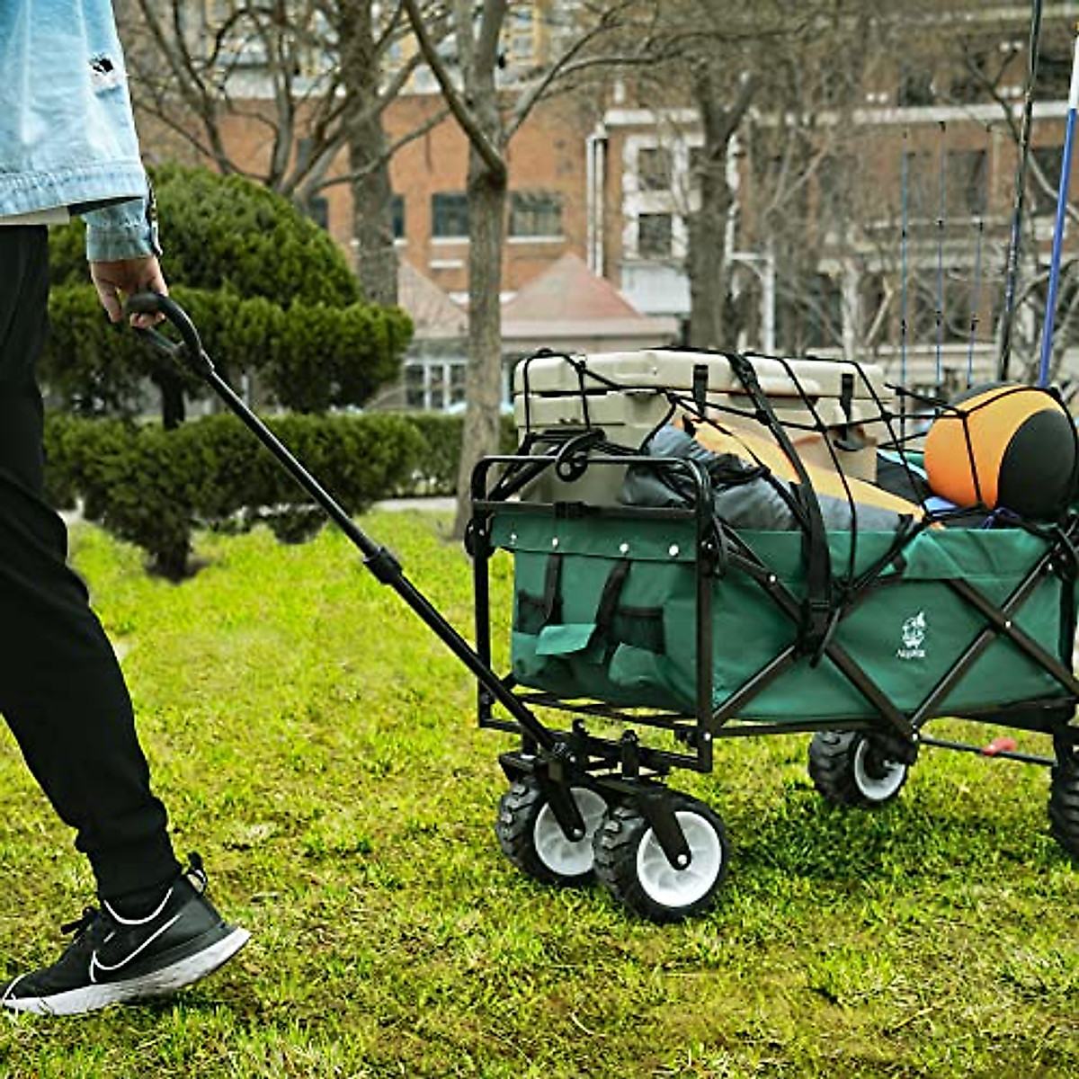 Collapsible Heavy Duty Beach Wagon Cart Outdoor Folding Utility Camping Garden Beach Cart with Universal Wheels Adjustable Handle Shopping (Green)