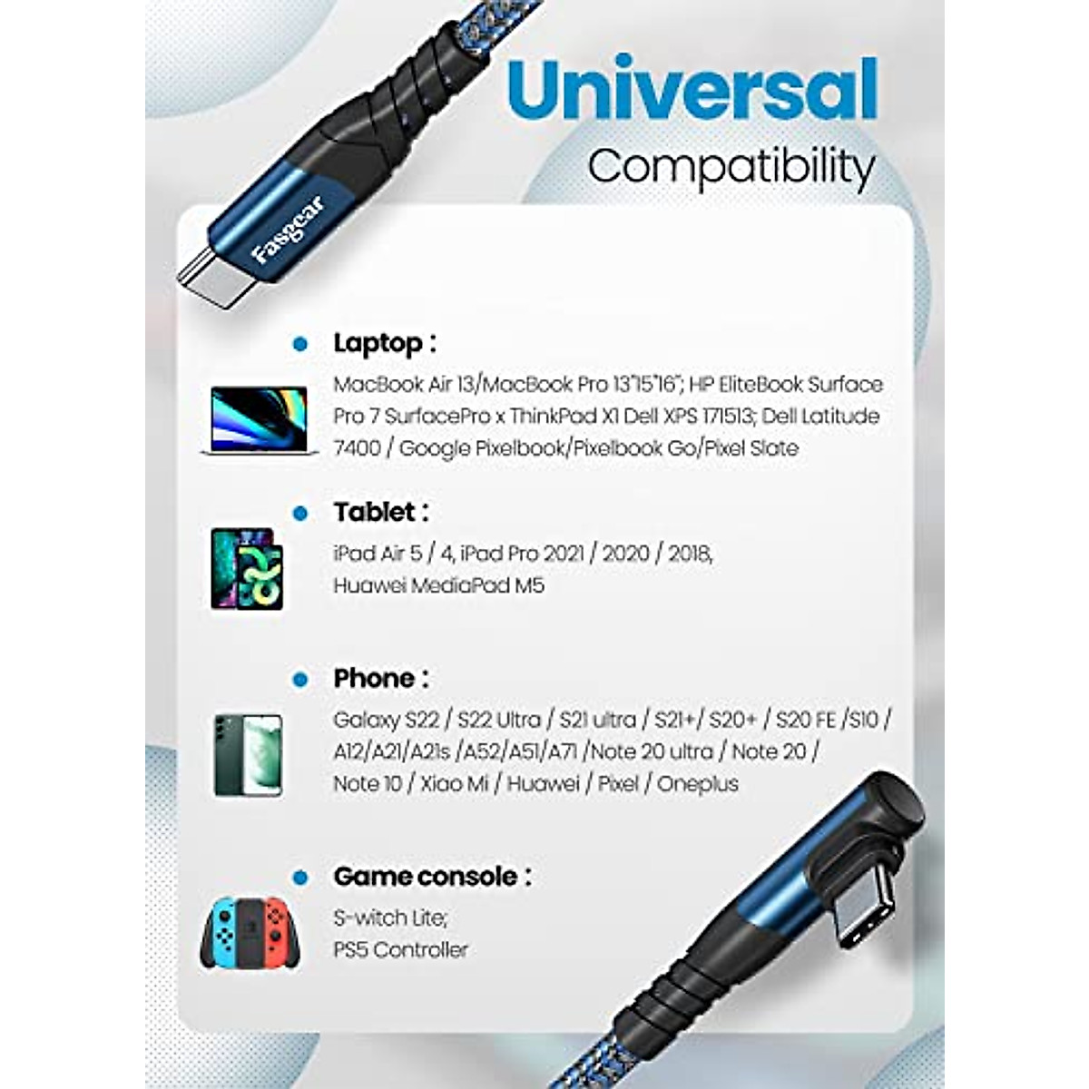 Fasgear Short USB C to USB C Cable - 3 Pack 1ft 60W USB 2.0 Type C Charger Fast Charging Braided Right Angle Compatible for Galaxy S22 S21 Ultra S20 Mac-Book Air i-Pad Mini 6 (Blue)