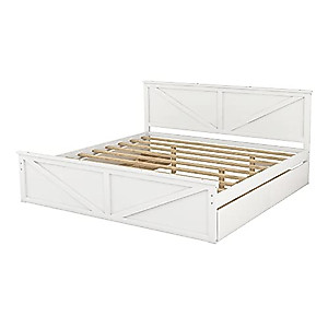 RORIGAT King Size Platform Bed with 4 Storage Drawers, Wooden Bedframe w/Headboard and Support Legs, for Livingroom, Bedroom, Guestroom, No Box Spring Needed, White