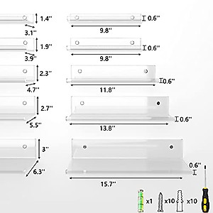Avveckel Acrylic Shelves, Clear Shelves, 5 Set Different Sizes Acrylic Shelf Floating Clear Shelves for Wall Wall Décor Storage Bedroom, Living Room, Bathroom, Kitchen, Small Farmhouse