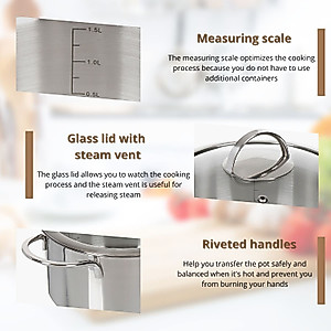 Daniks Bonn Stainless Steel Stock Pot with Glass Lid | Induction 2 Quart | Dishwasher Safe Pot | Measuring Scale | Soup Pasta Stew Pot | Silver