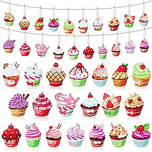 Haooryx 41Pcs Cupcake Wood Ornaments Hanging Decoration, Colorful Cupcake Wooden Decorative Pendents for Themed Birthday Party Favor Gift Tags Holiday Home Tree Decor Supplies
