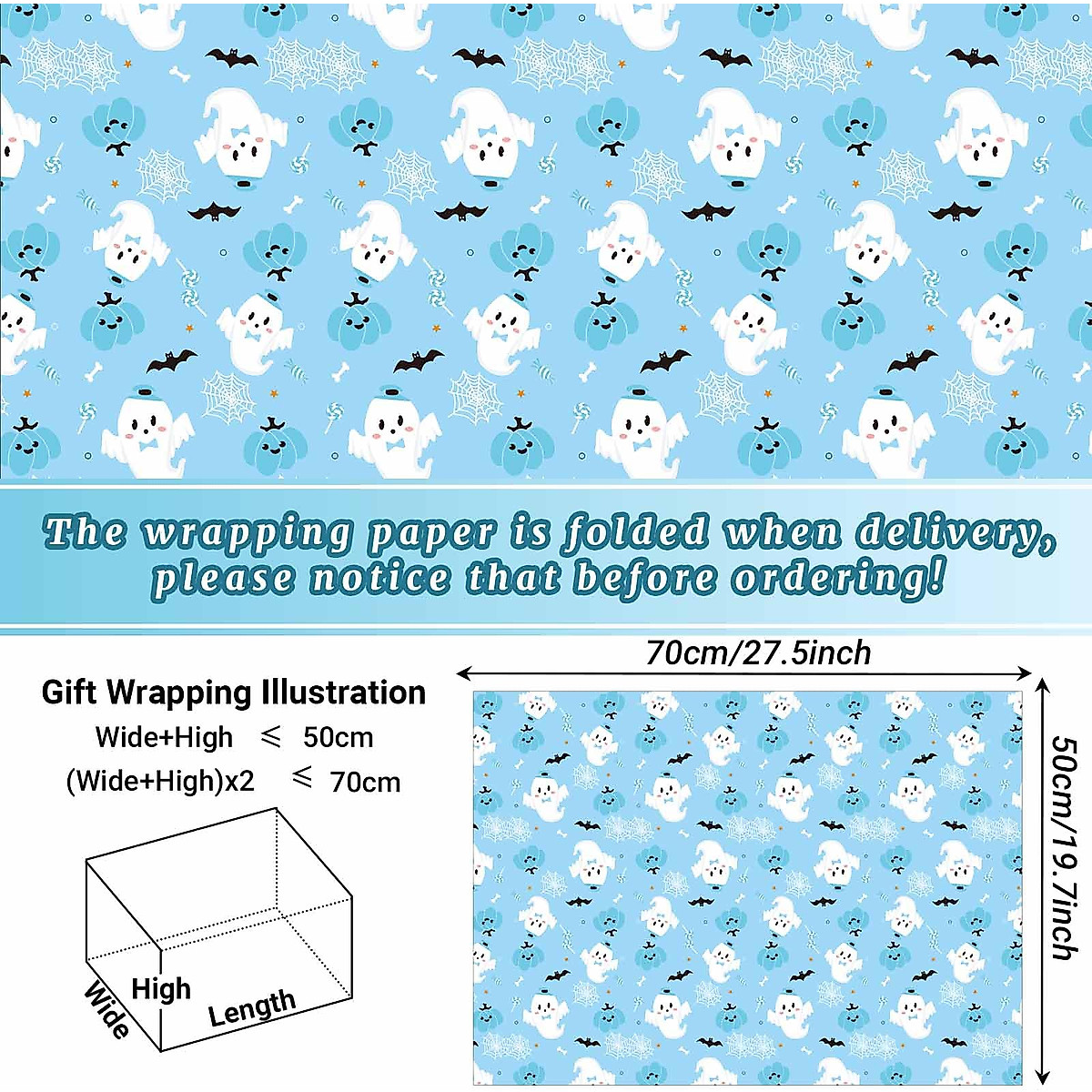 12 Sheets Halloween Wrapping Paper Blue Ghost Pumpkin Bat Printed Gift Wrap Paper Folded Flat Art Decorative Paper for Happy Boo Day Gifts Wrapping Baby Shower DIY Crafts, 19.7 x 27.5 inch