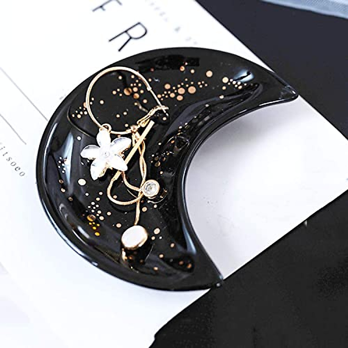 Small Moon Jewelry Dish Tray, Decorative Ceramic Trinket Dish, Modern Accent Tray for Vanity（Black and White ）