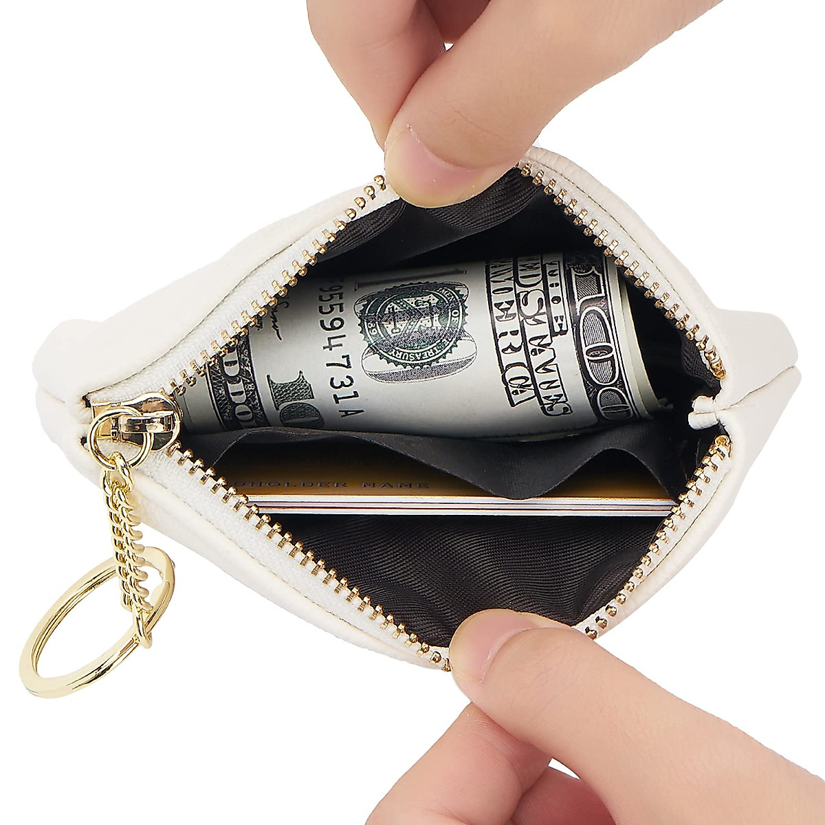 WOZEAH Artificial Leather Coin Purse Change Purse With Key Chain Ring Zipper For Men Women (A White)