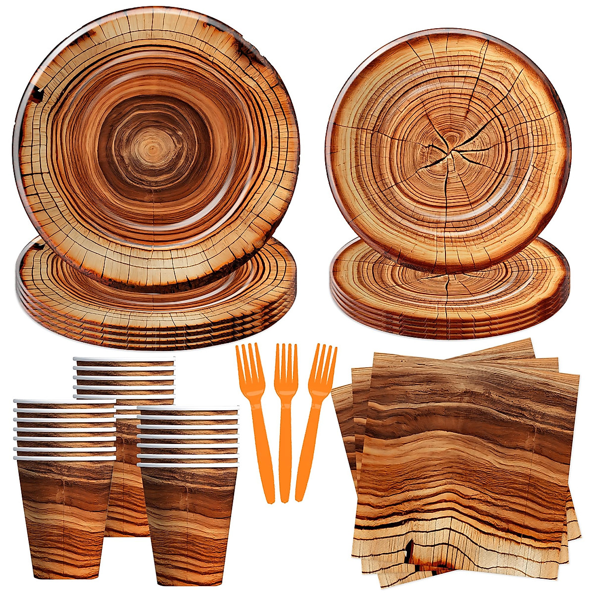 Xenorik Wood Grain Slice Paper Plates And Napkins Party Supplies For Birthday Baby Shower Wedding - Wooden Plates, Cup, Napkin, Fork, Lumberjack Camping Hunting Party Decorations Tableware | Serve 24