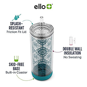 Ello Peak Double Wall Insulated Plastic Tumbler with Straw, 22 oz, Pink Satin Lasers