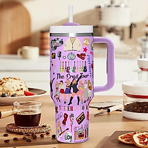 GIRERUAO 40 oz Stainless Steel Insulated Tumbler with Handle, Lid, and Straw, Includes 3 Straw Lids and 2 Letter Charms, Perfect for Water, Coffee, Iced Tea, Great Gift for Women (Purple)