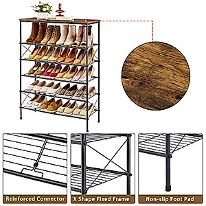 Tajsoon 6-Tier Shoe Rack Organizer, Industrial Shoe Rack for Closet Entryway, Metal Mesh Shoe Storage Shelf with X Shape Fixed Frame, Rustic Brown and Black