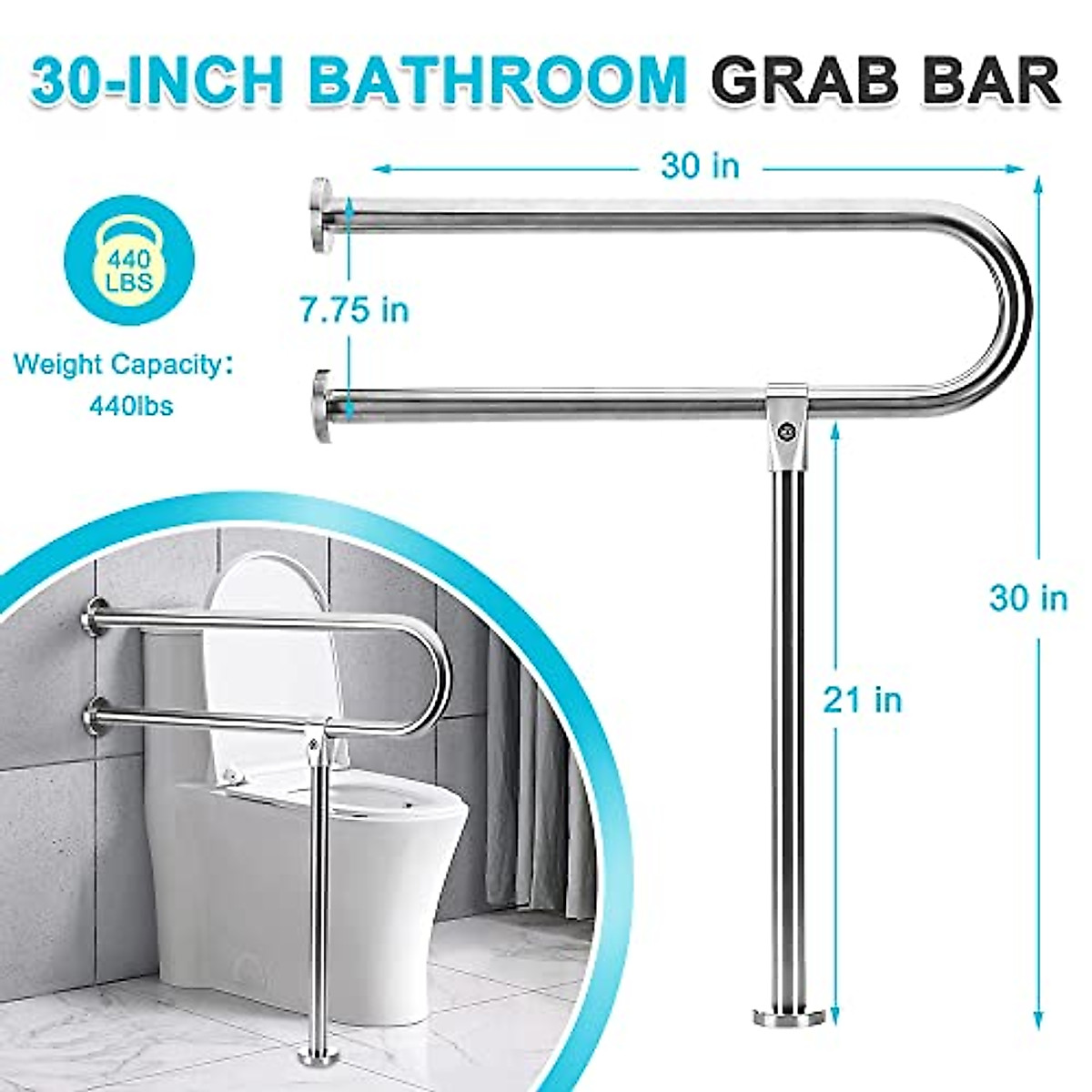 Handicap Grab Bars Rails 30-Inch Toilet Handrails Bathroom Safety Bar Hand Support Rail Handicapped Handrail Accessories for Seniors Elderly Disabled Bariatric Railing Wall to Floor Mounted Bath Grips